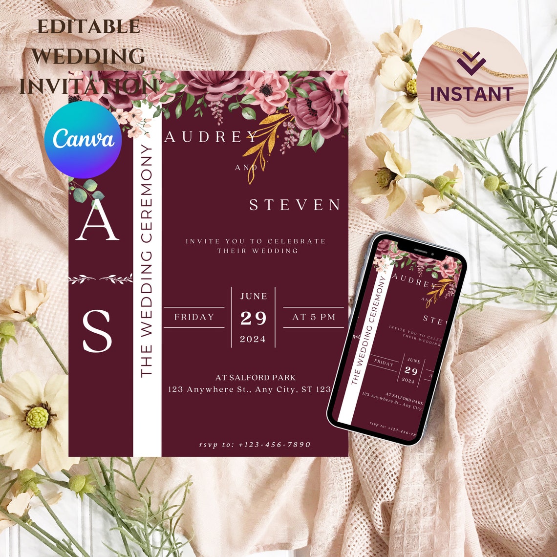 Editable Red Rose / Burgundy Wedding Invitation Template Simple ...