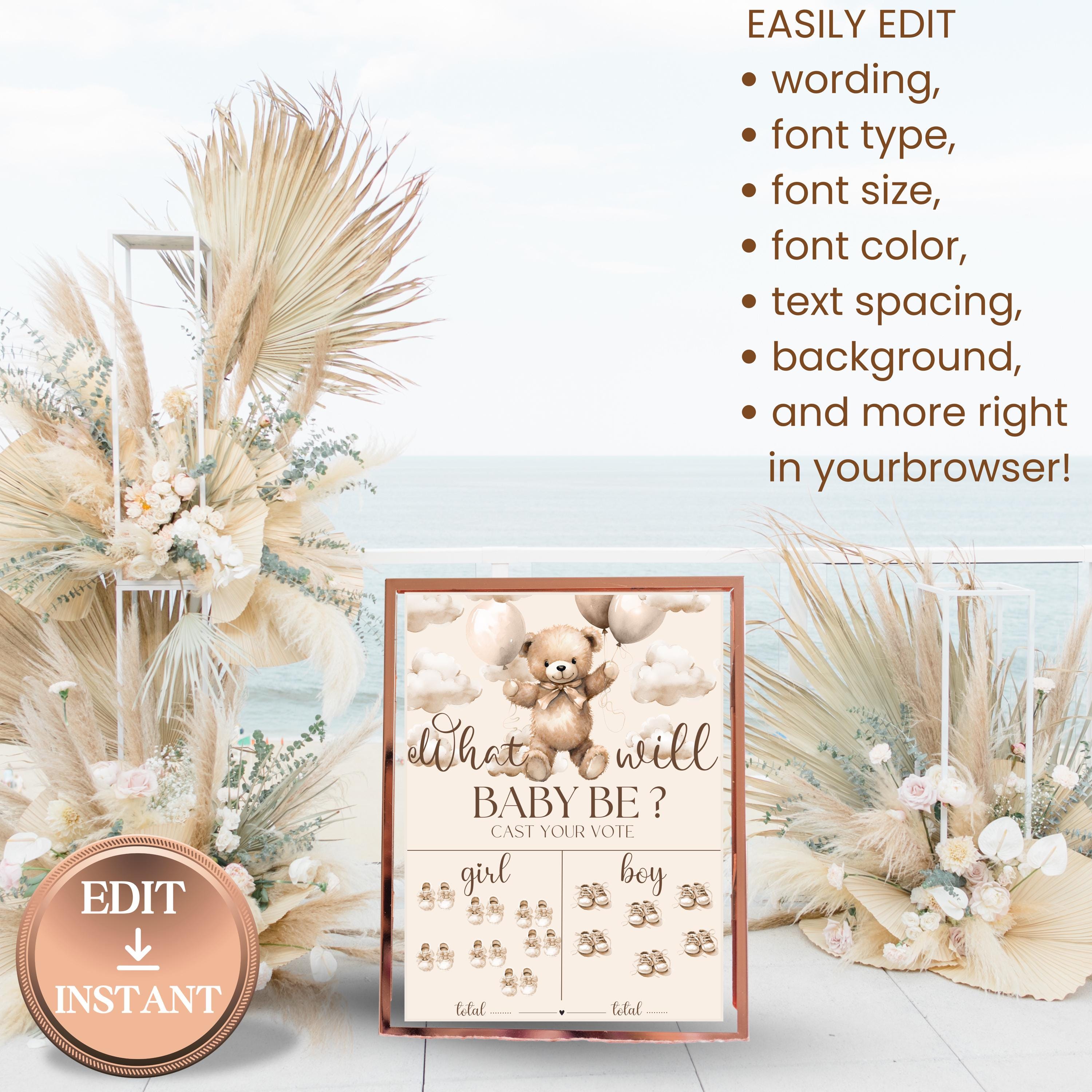 Editable Teddy Gender Reveal Baby Shower Voting Sign TEMPLATE , What ...