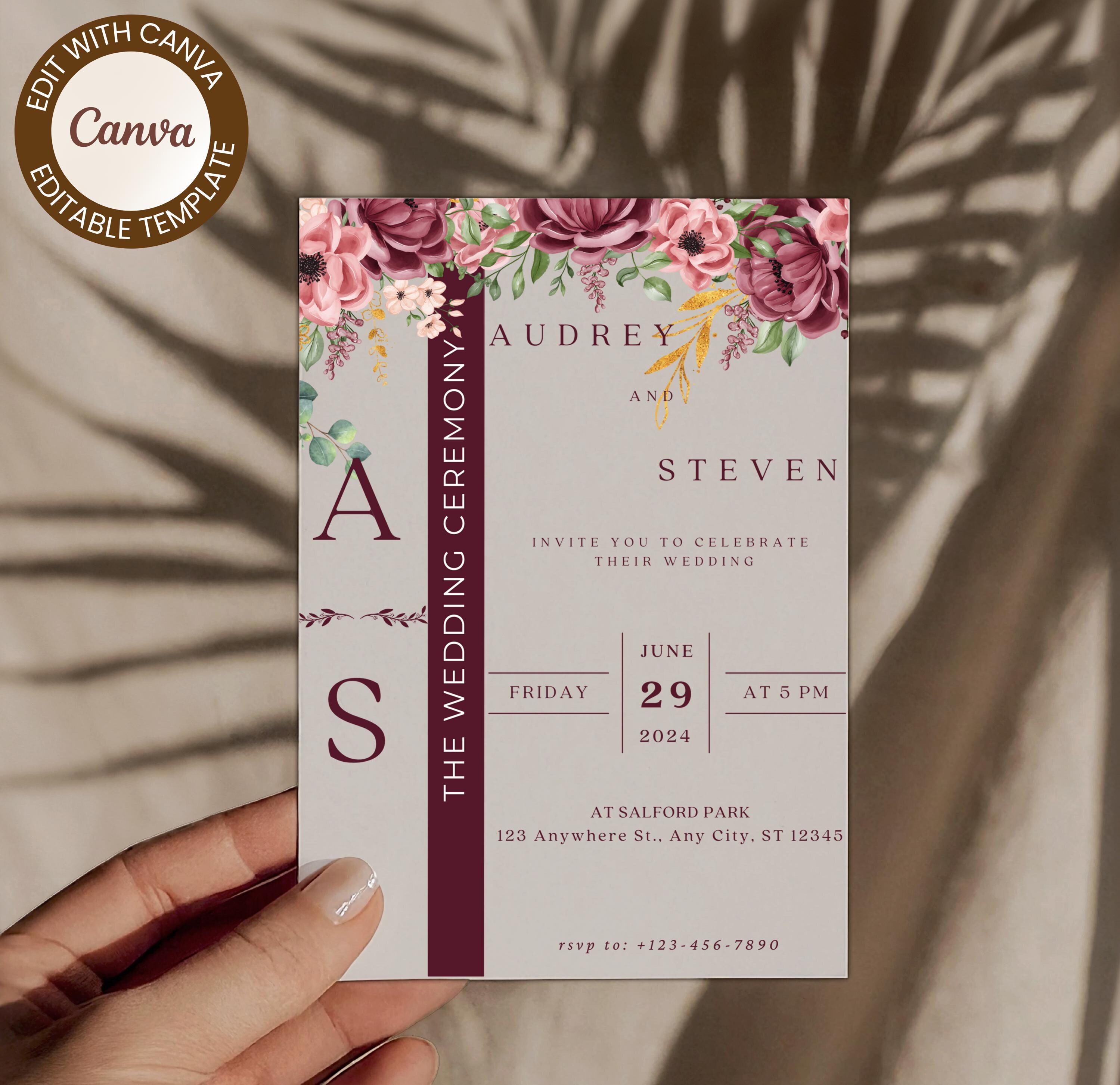 Editable Red Rose / Burgundy Wedding Invitation Template Simple ...