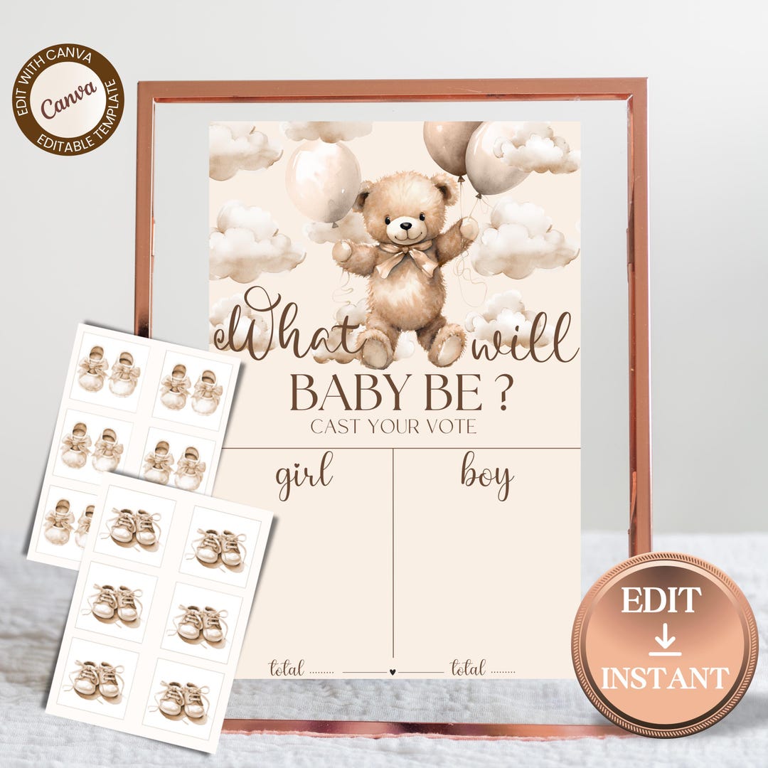 Editable Teddy Gender Reveal Baby Shower Voting Sign TEMPLATE , What ...