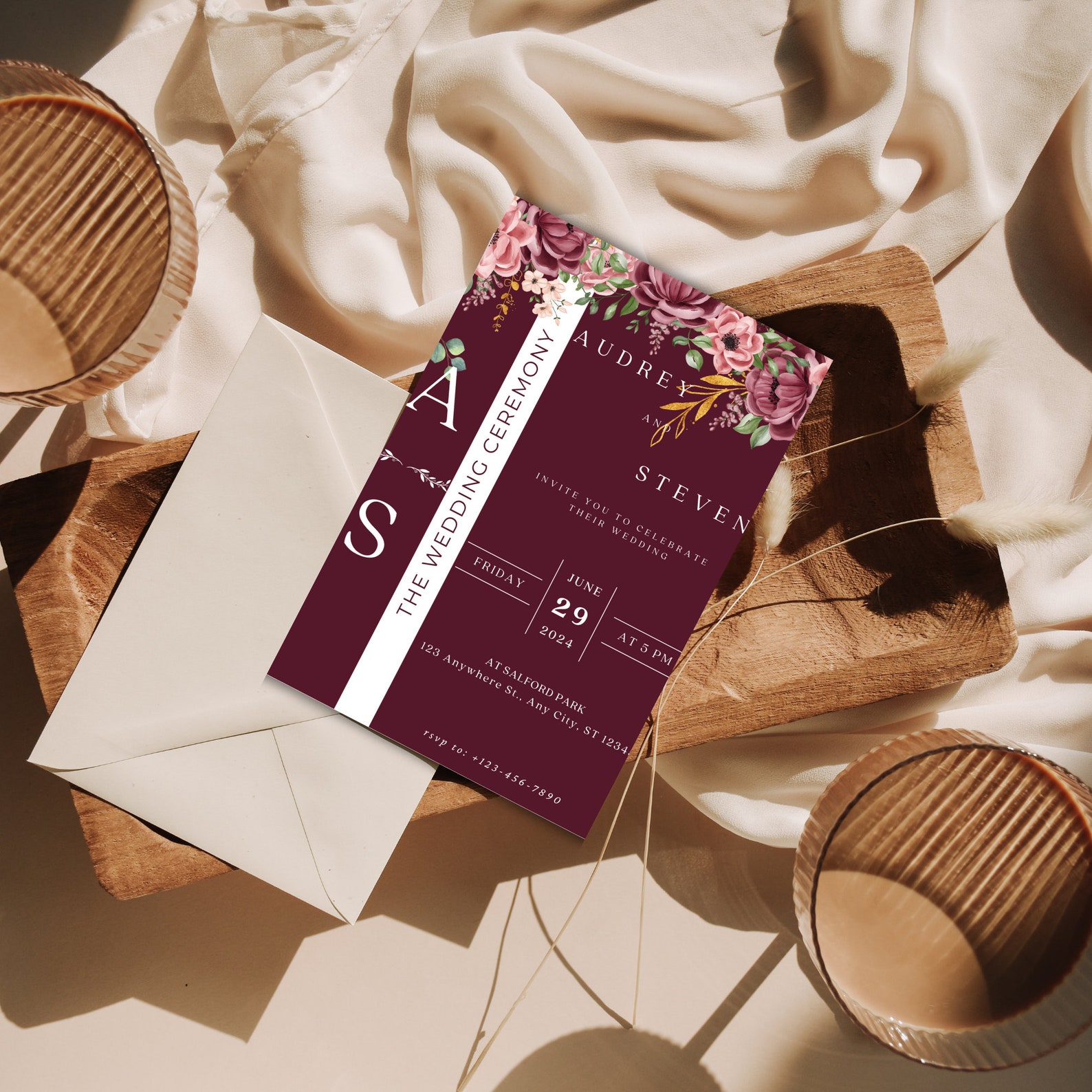 Editable Red Rose / Burgundy Wedding Invitation Template Simple ...