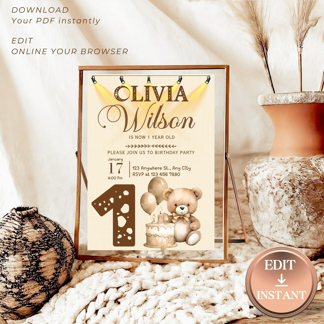 Editable Beary With Spotlight First Birthday Invitation TEMPLATE ...