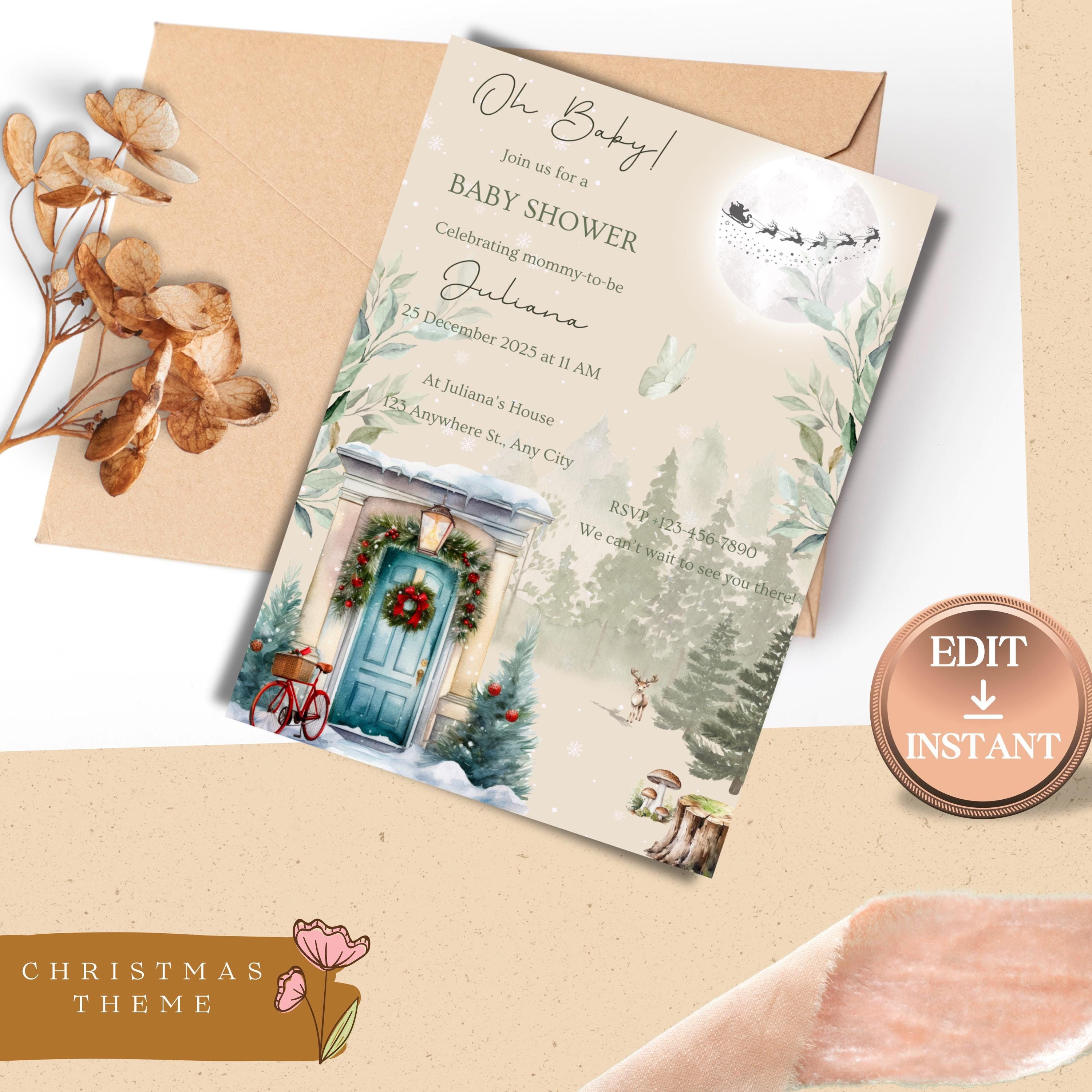 Editable Christmas Theme Baby Shower Invitation TEMPLATE, Winter ...