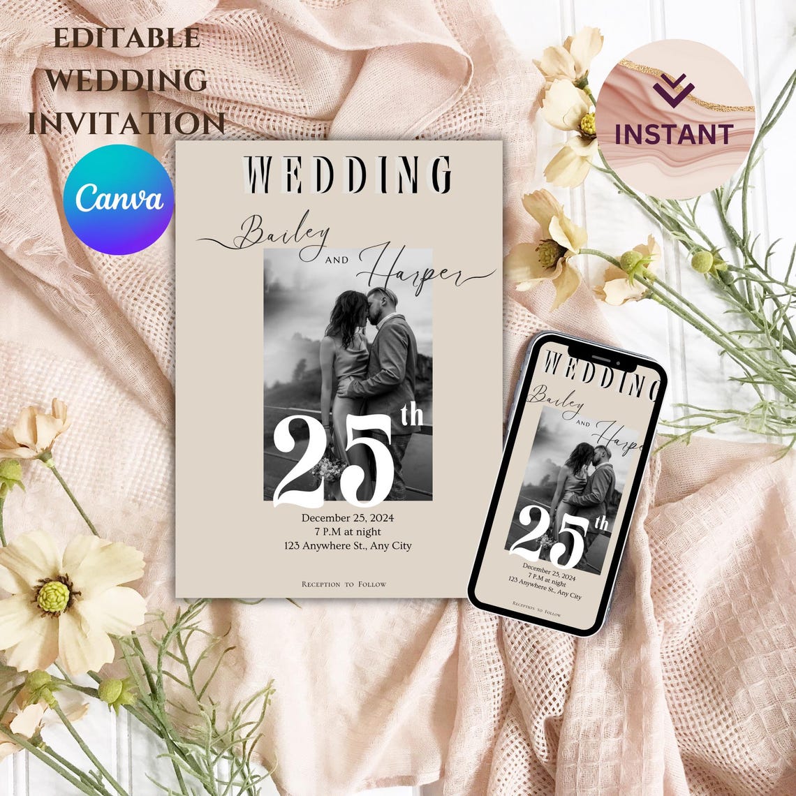 Editable Wedding Invitation Template With Photo, Mobile Invitation ...