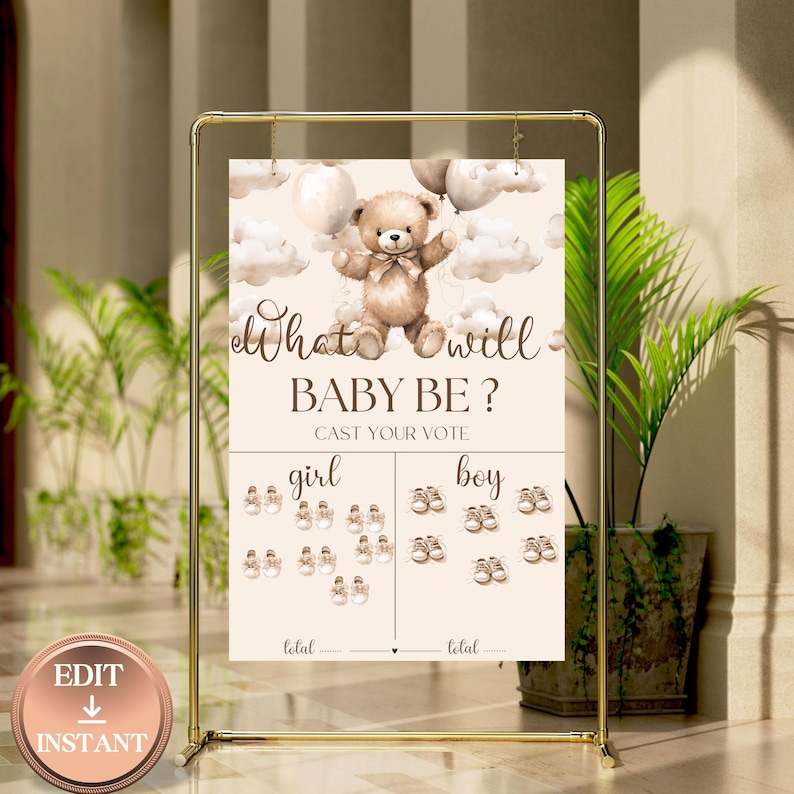 Editable Teddy Gender Reveal Baby Shower Voting Sign TEMPLATE , What ...