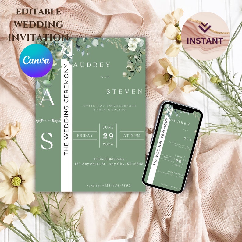 Editable Greenery Eucalyptus Wedding Invitation Template ; Simple ...