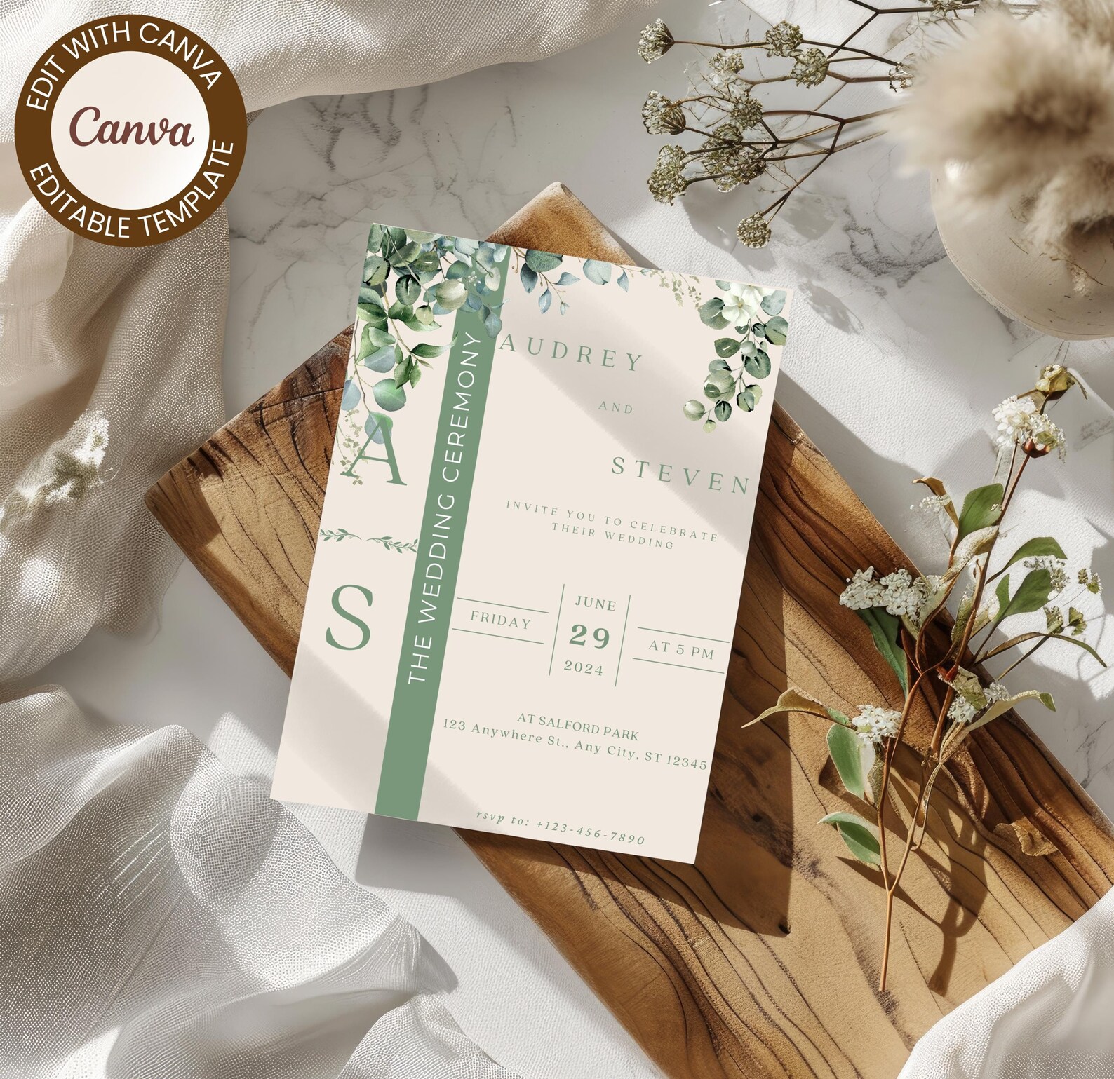 Editable Greenery Eucalyptus Wedding Invitation Template ; Simple,minimalist,modern White and ...