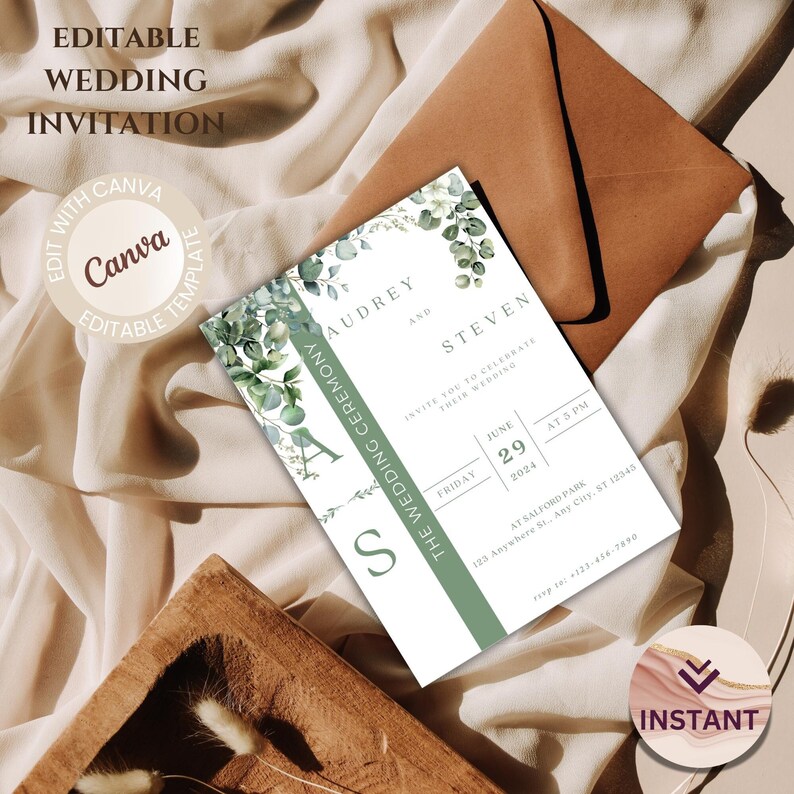 Editable Greenery Eucalyptus Wedding Invitation Template ; Simple ...