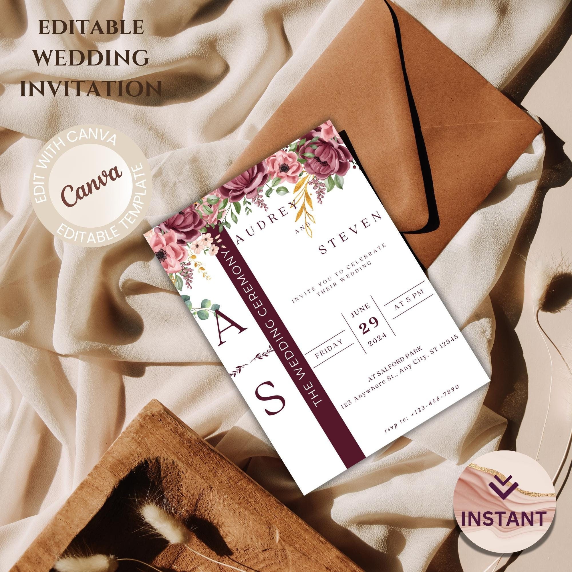 Editable Red Rose / Burgundy Wedding Invitation Template Simple ...