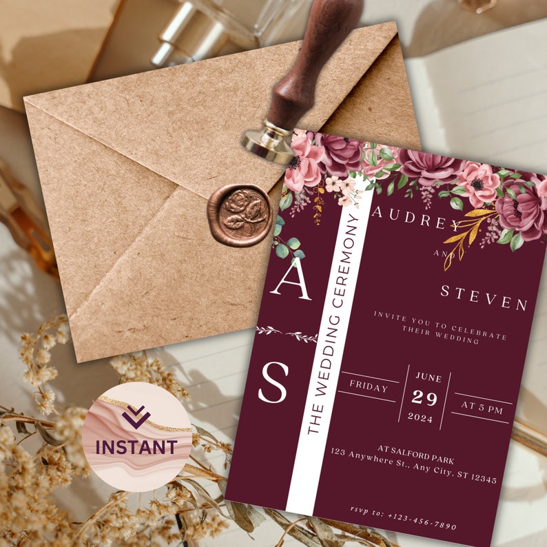 Editable Red Rose / Burgundy Wedding Invitation Template Simple ...