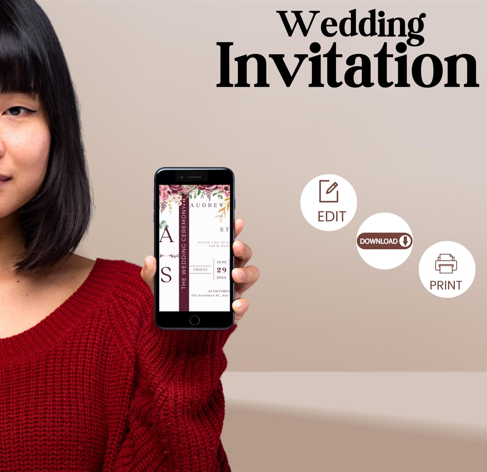 Editable Red Rose / Burgundy Wedding Invitation Template Simple ...