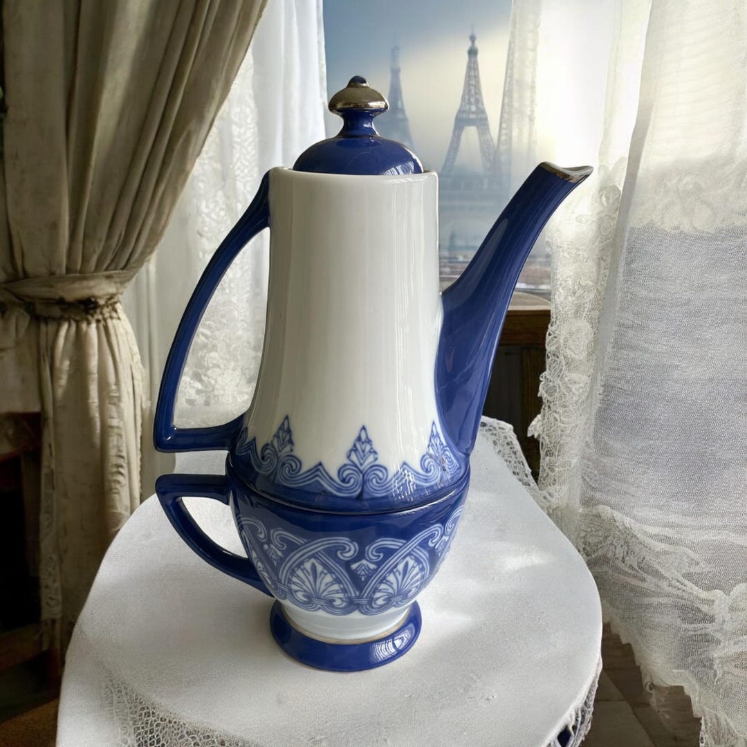 Vintage Bombay & Co Nesting Coffee Pot ,cup. Blue and White Tile ...