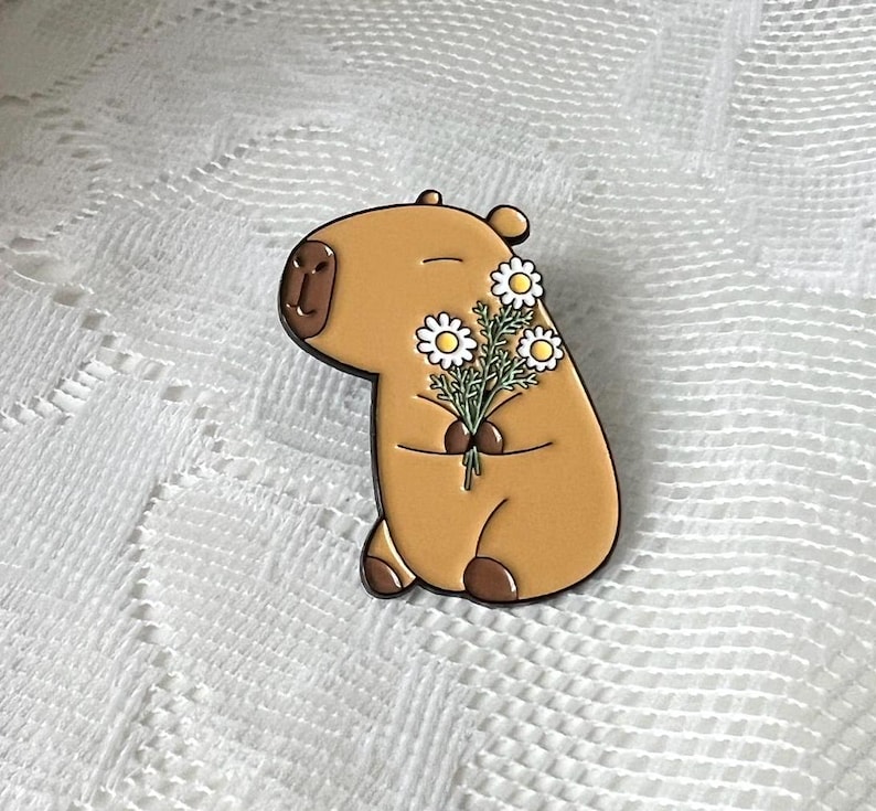 Capybara Pin Holding Daisy Flower + Succulent - Etsy