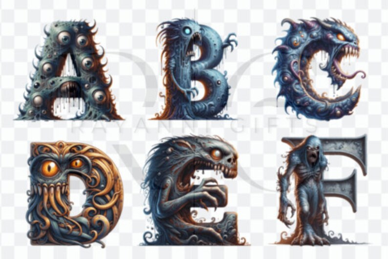 Spooky Monster Font Alphabet and Numbers Canva Photoshop Procreate PNG ...