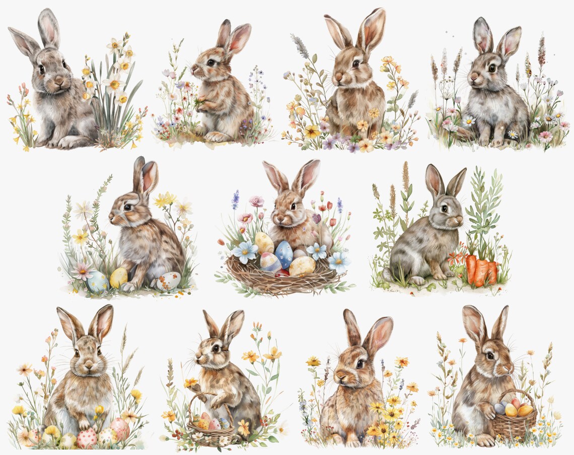 Watercolor Easter Bunnies Clipart Set, PNG Graphics, Transparent ...