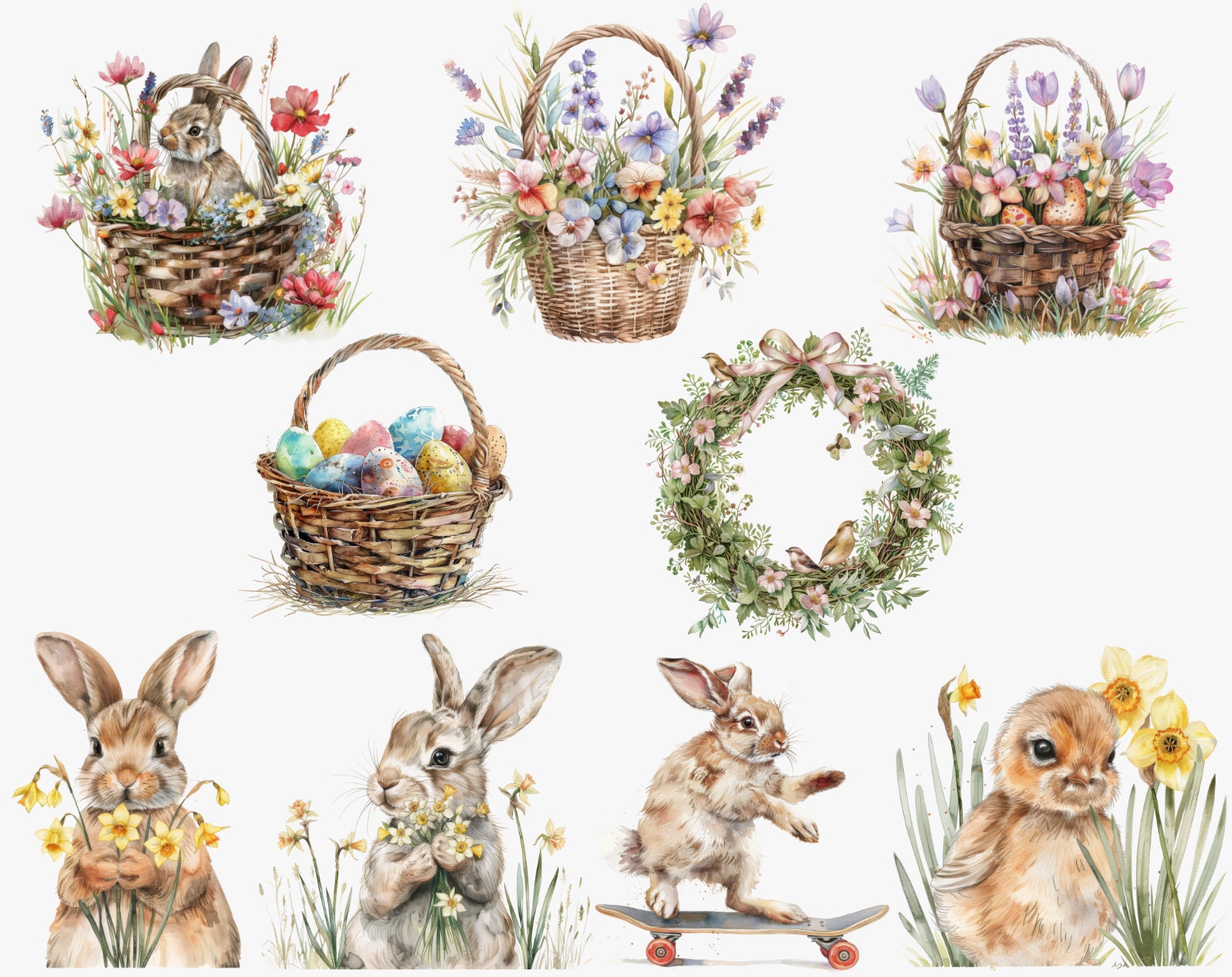 Watercolor Easter Bunnies Clipart Set, PNG Graphics, Transparent ...