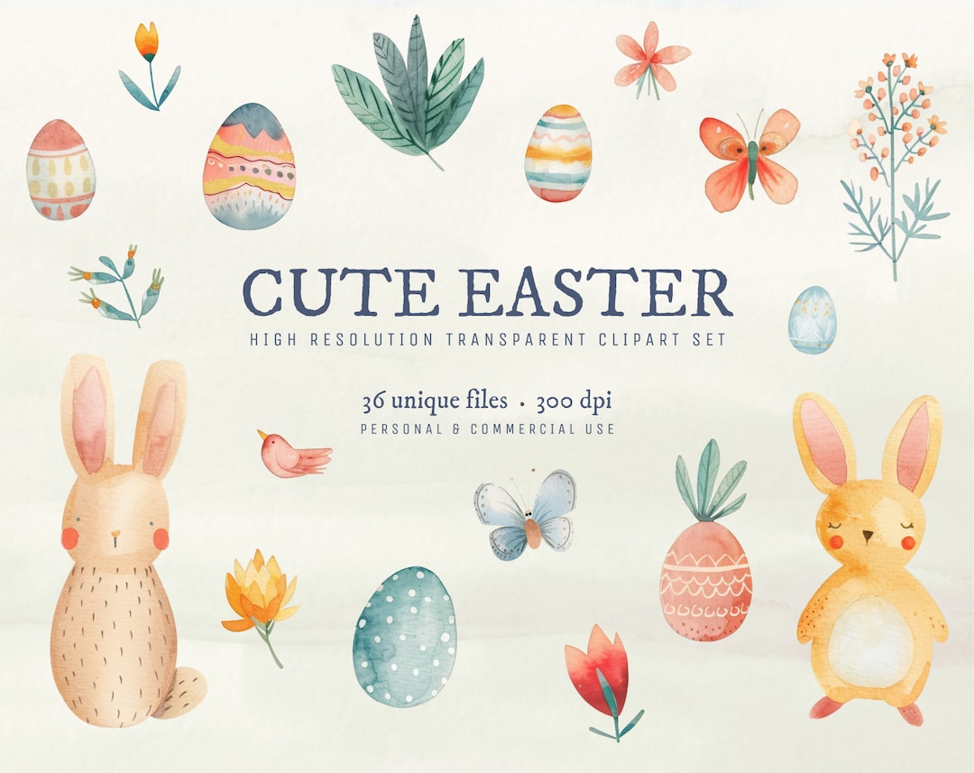 Cute Easter Clipart Set, Digital Downloads, PNG Graphics, Transparent ...
