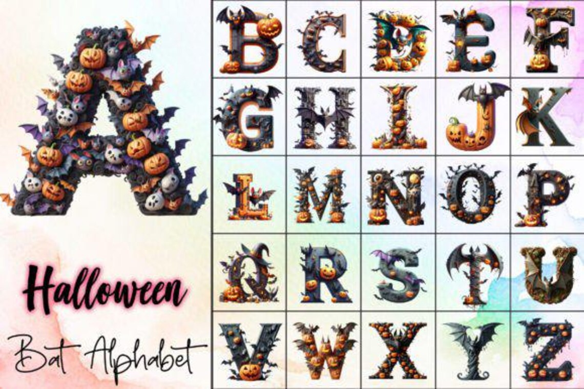 Halloween Bat Alphabet Watercolor Clipar. Halloween Doodle Letters ...
