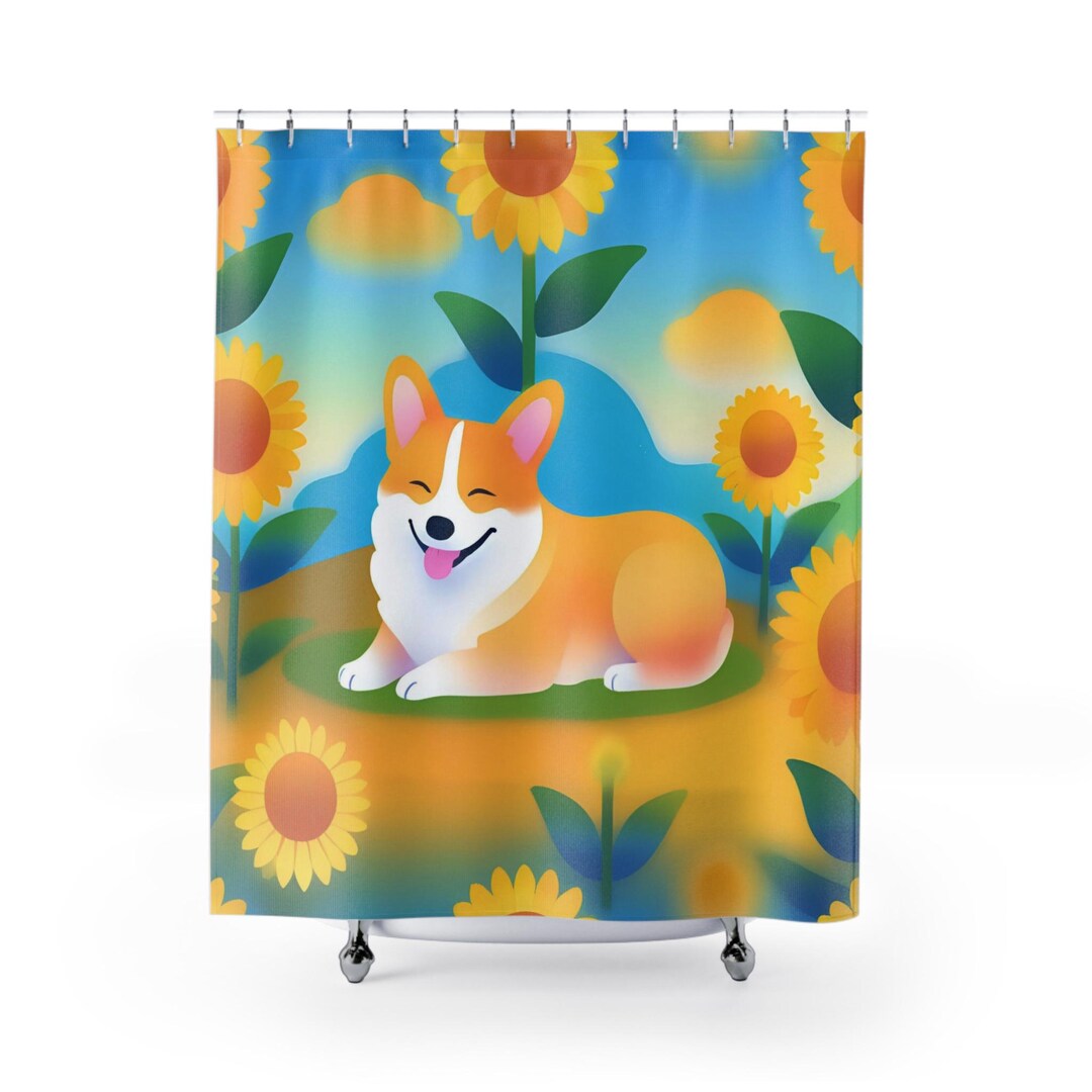 Bright Sunny Sunflower Corgi Shower Curtain - Etsy