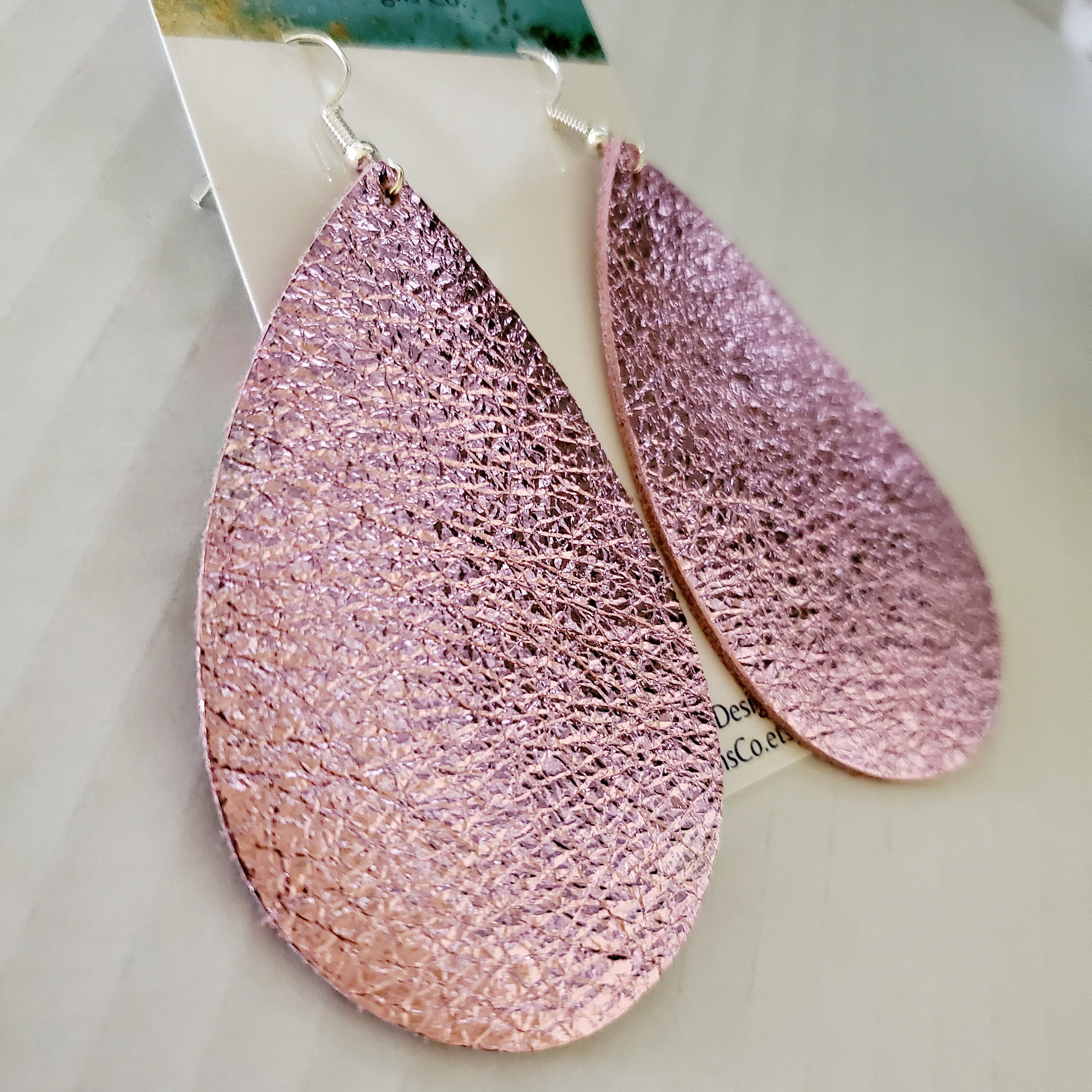 Pink Shimmer Teardrop Shape Earrings, Genuine Leather Earrings, Pink ...