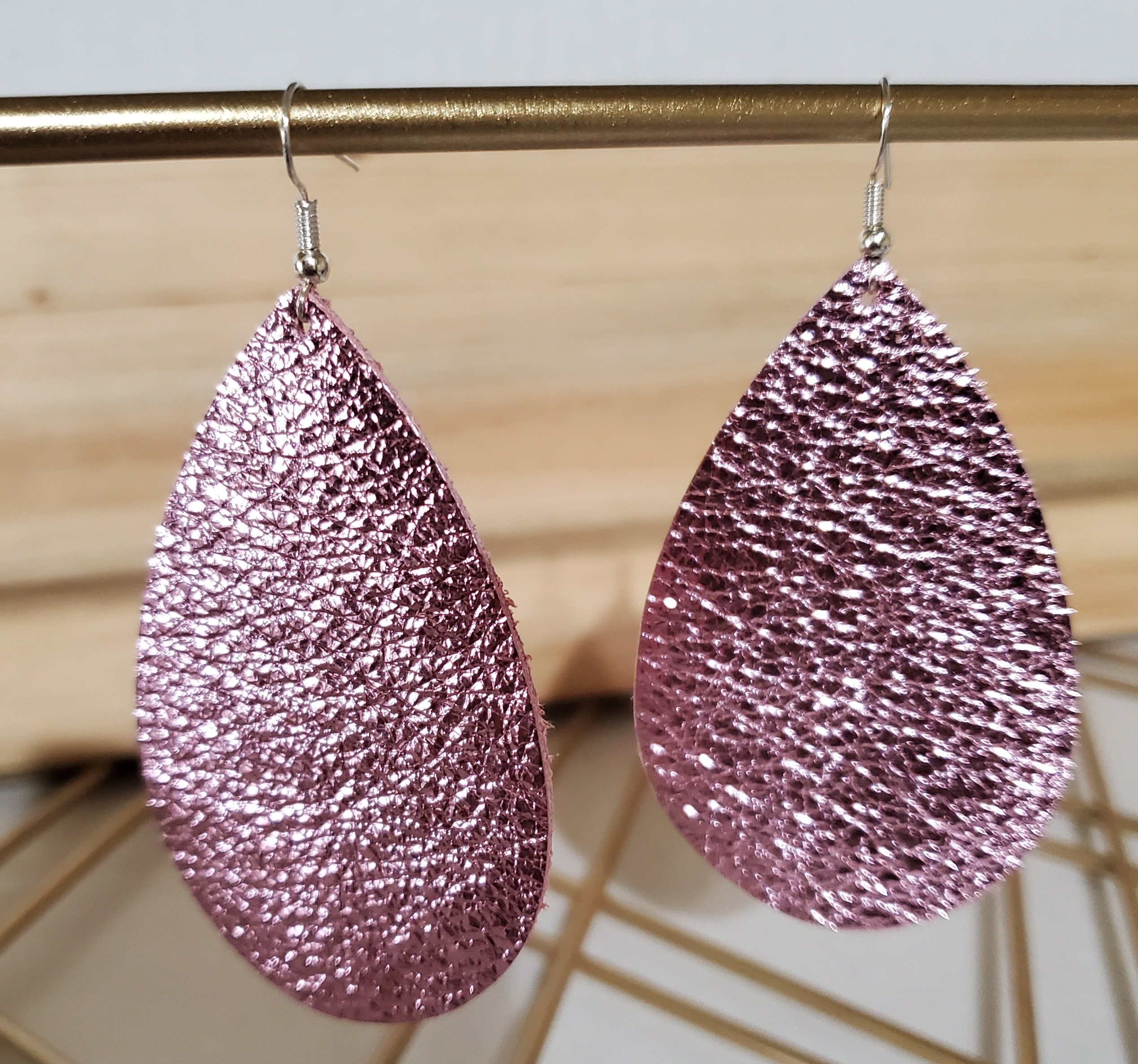 Pink Shimmer Teardrop Shape Earrings, Genuine Leather Earrings, Pink ...