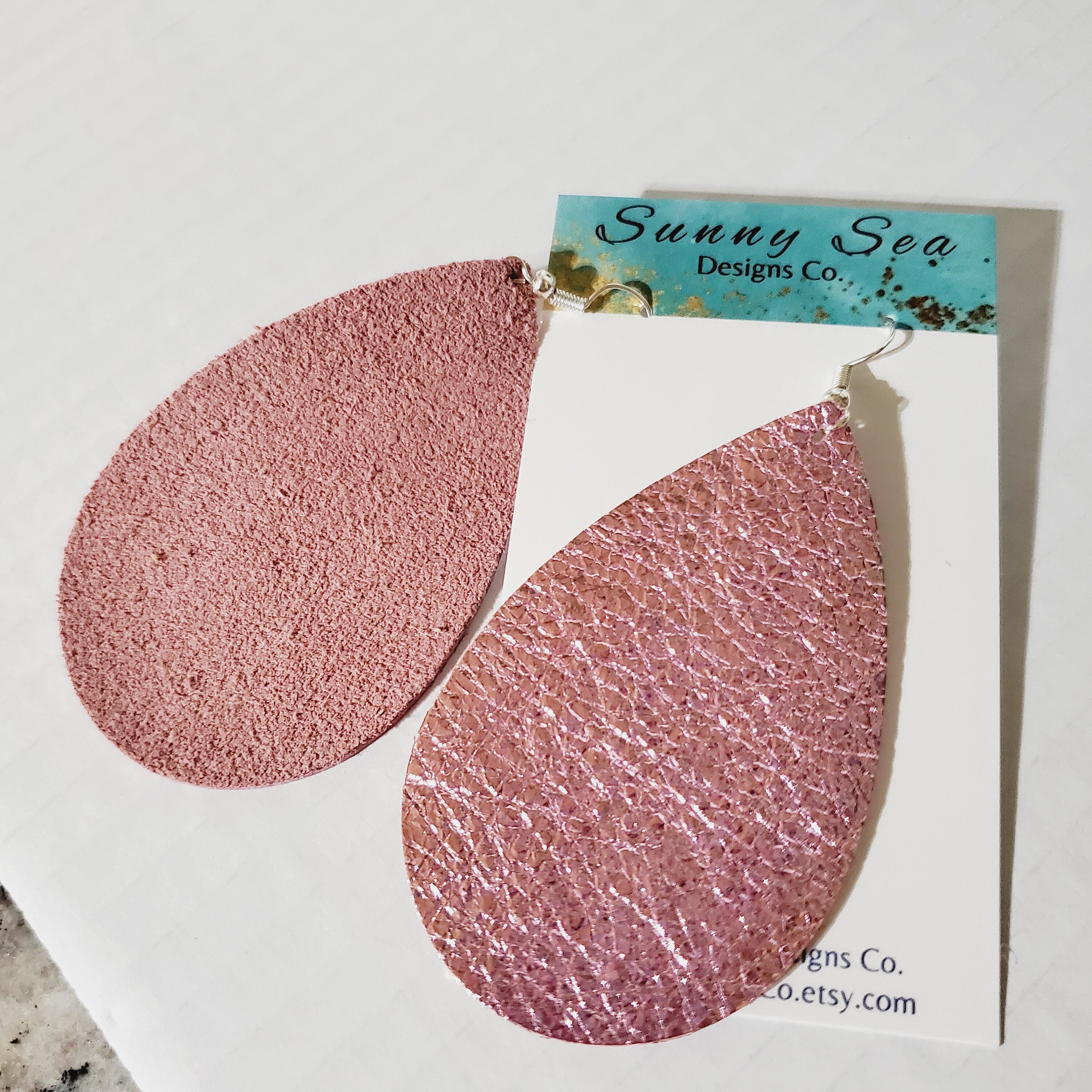 Pink Shimmer Teardrop Shape Earrings, Genuine Leather Earrings, Pink ...