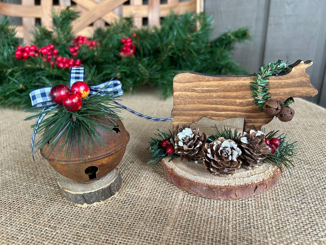Farmhouse Cow and Jingle Bell on Wood Slice Cow Decor Jingle Bell ...