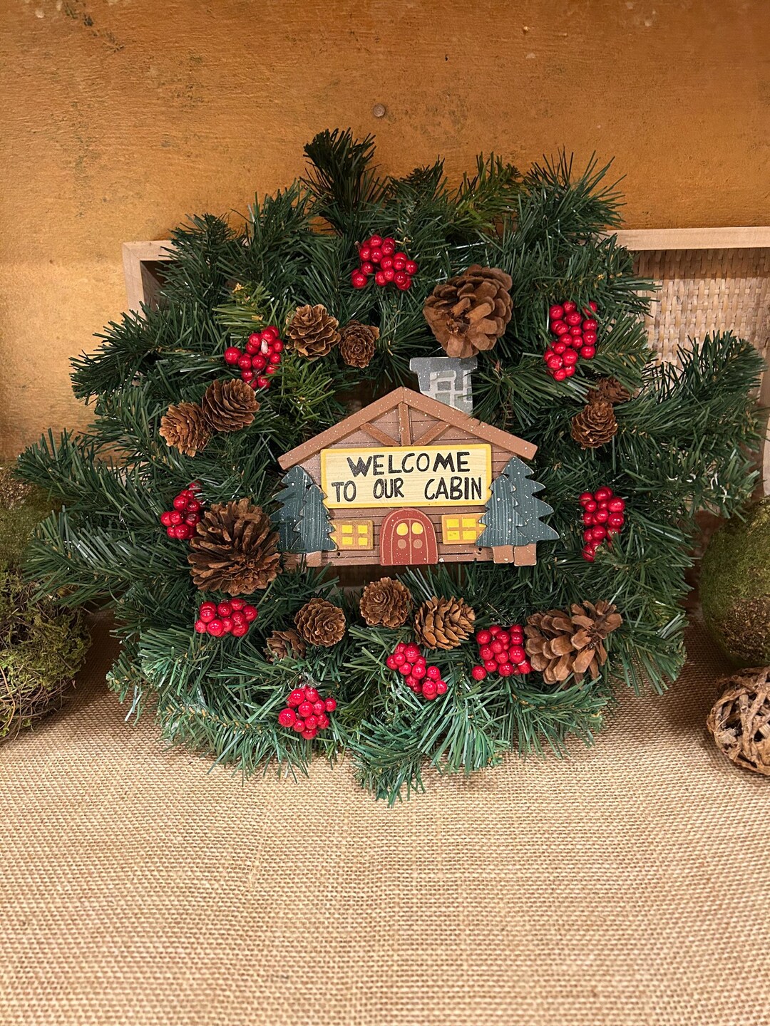 Cabin Wreath Vintage Log Cabin Welcome Wreath Lodge Style Cabin Decor ...