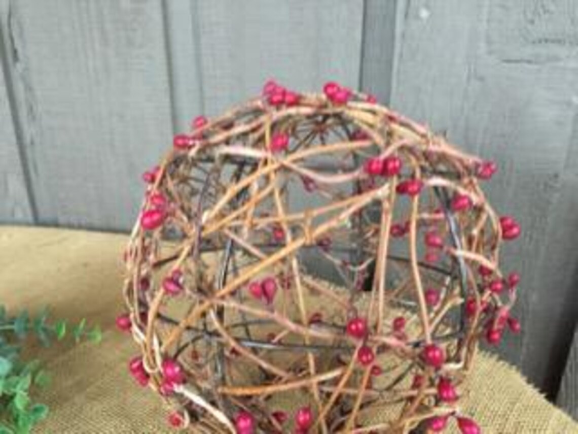 Twig Ball With Red Berries Christmas Twig Ball Mantle Decor Rustic Twig ...