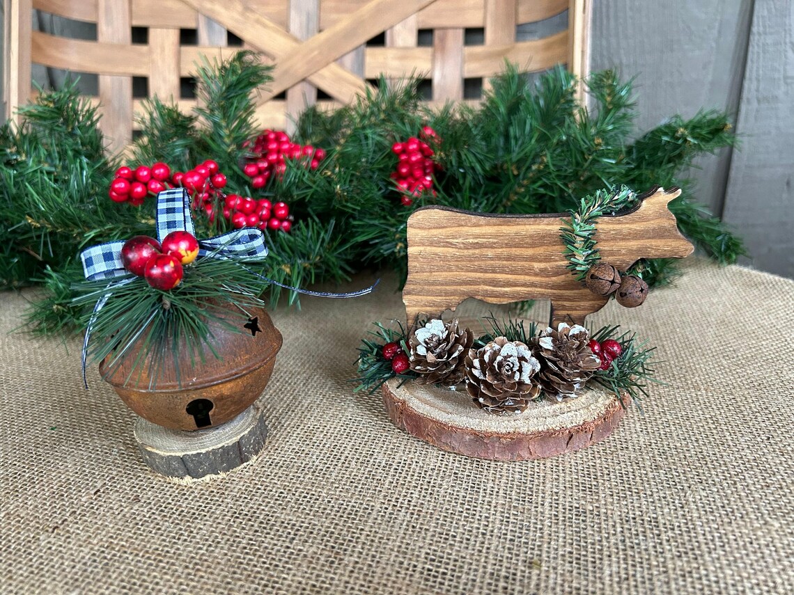 Farmhouse Cow and Jingle Bell on Wood Slice Cow Decor Jingle Bell ...