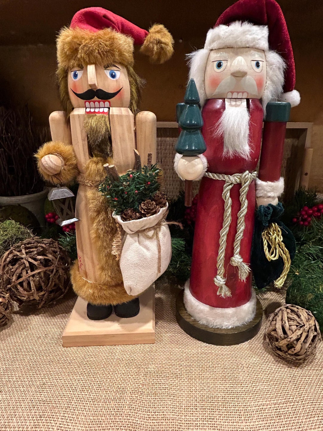 Woodland Nutcrackers Vintage Rustic Santa Nutcrackers Nature Themed Mantle Decor Woodland Style ...