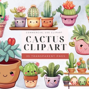 Watercolor Cute Cactus Clipart Bundle, Plants Clipart, Cute Cactus Png ...