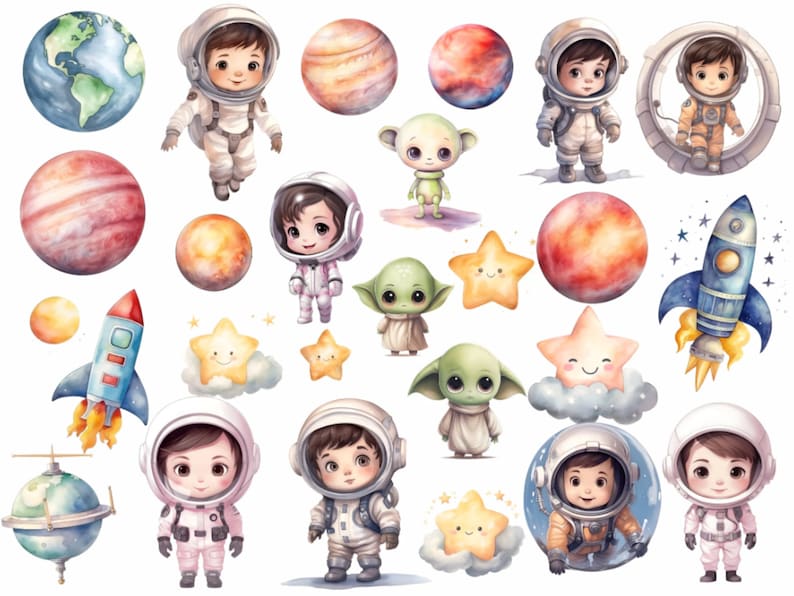 Watercolor Space Clipart Bundle, Astronaut Nursery Clipart, Cute ...