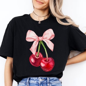 Cherry Bow T-shirt, Bow Shirt, Aesthetic Shirt, Ribbon Trend, Coquette ...