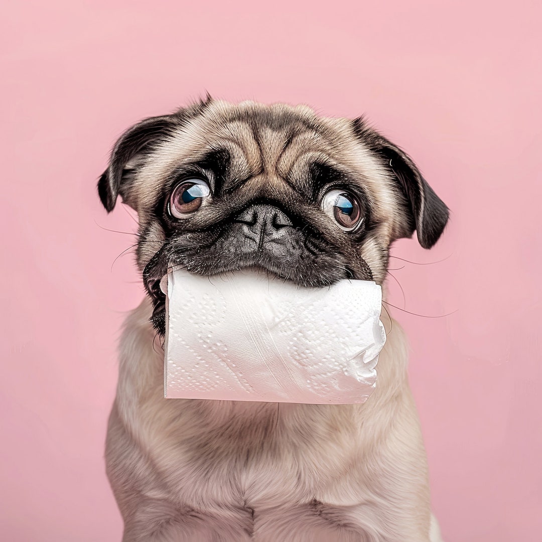 Pug / Dog With Toilet Paper in Its Mouth picture I Mural Photo I Art ...