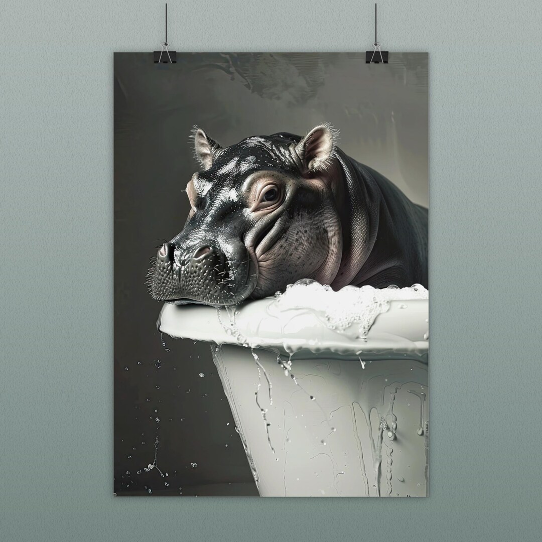 Whimsical Hippo Bath Art Poster, Fun Animal Decor, Cute Wall Art for ...