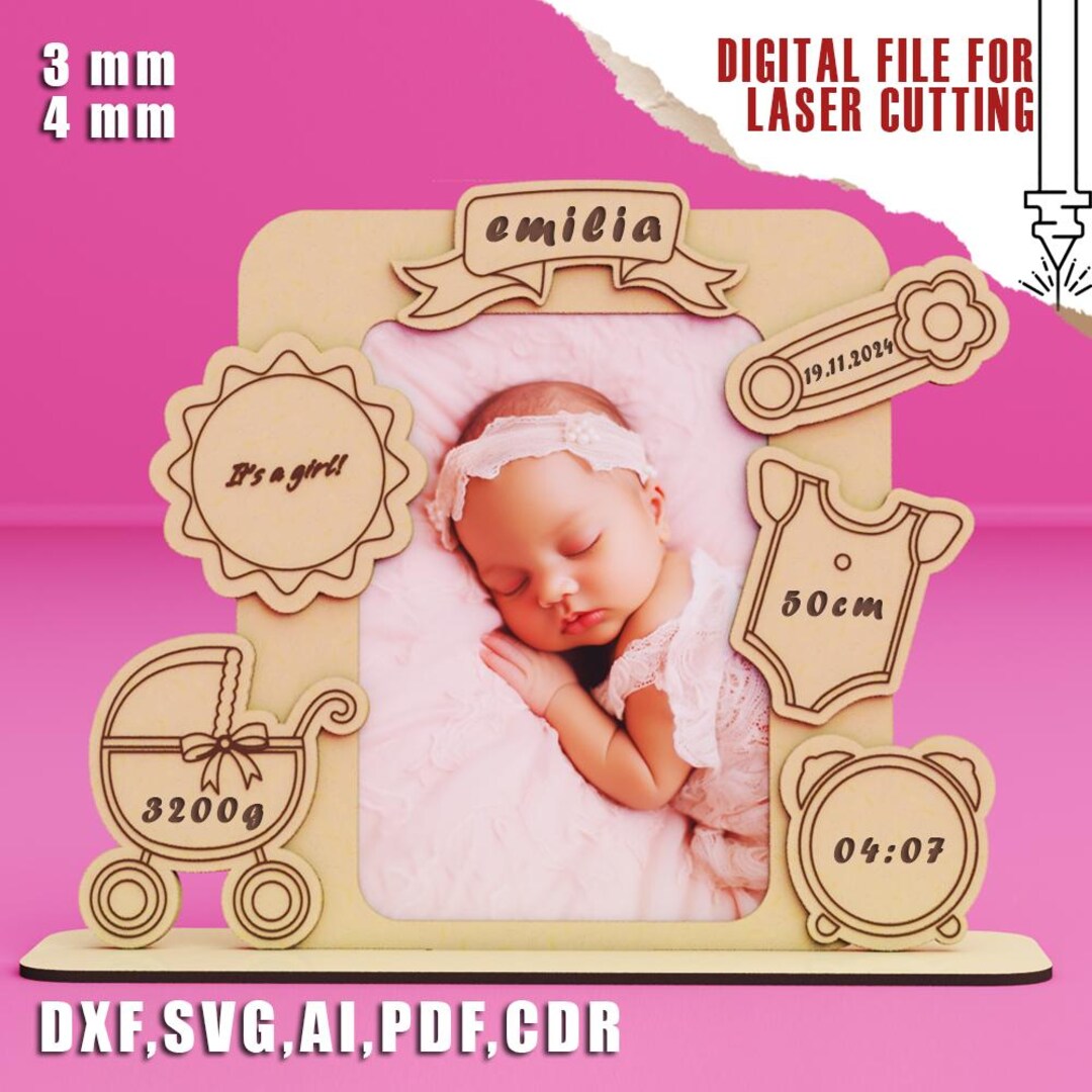 Newborn Photo Frame SVG - Laser Cut Files for Birth Announcement ...
