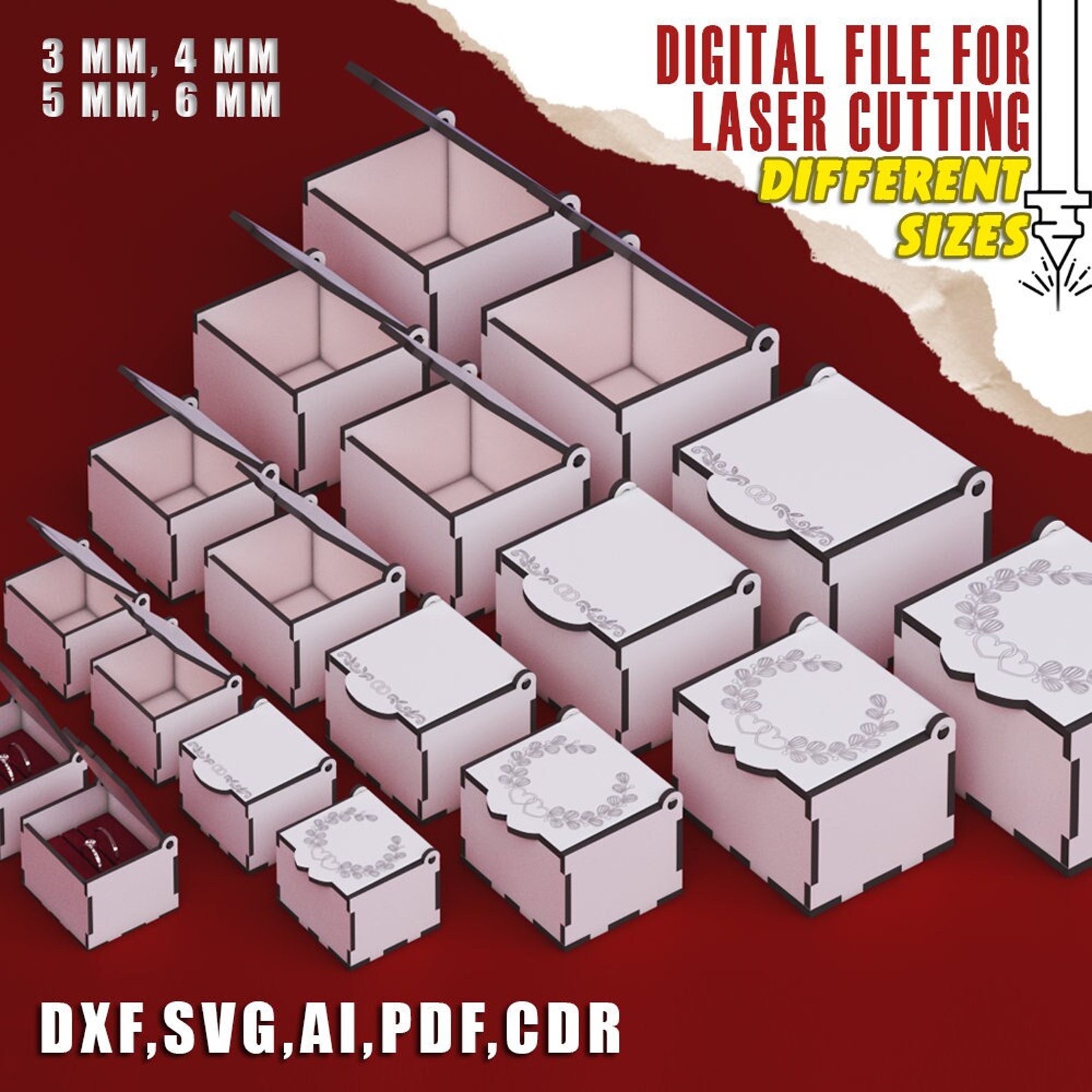 Laser Cut Boxes With Openable Lids in 4 Different Sizes, Patterned Gift ...