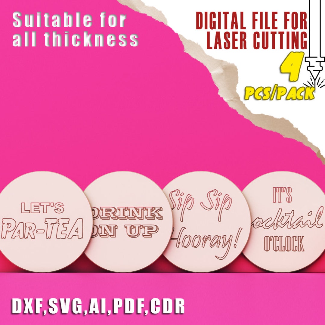 Laser Cut Coasters SVG Files Set - Round & Boxed Drink Coasters, Coffee ...