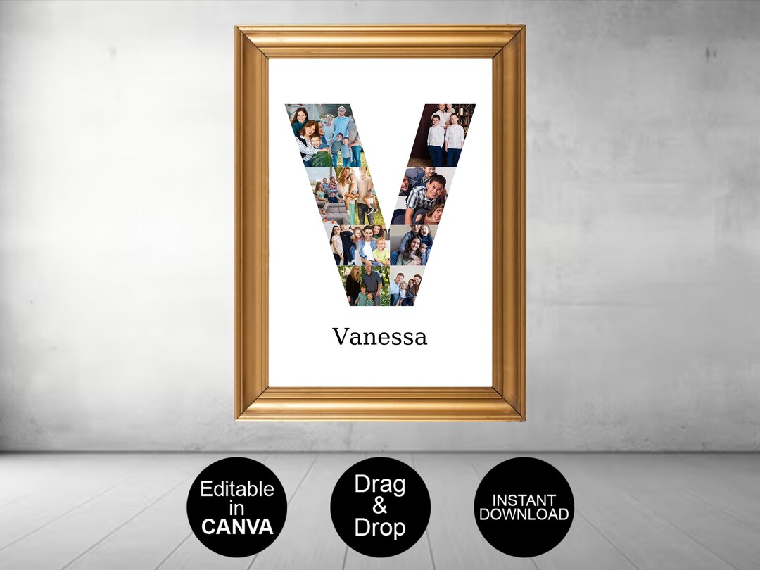 Letter V Photo Collage Template, Personalized Initial Name Print for ...
