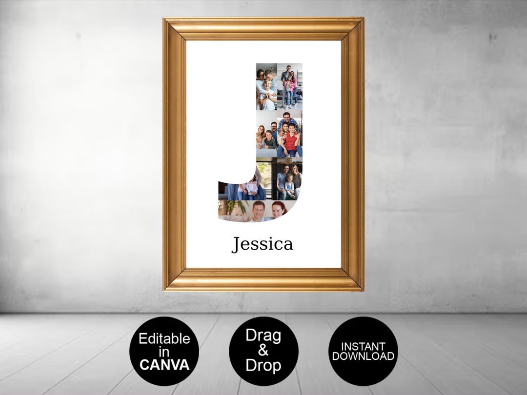 Letter J Photo Collage Template, Personalized Initial Name Print for ...