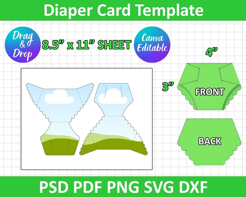 Diaper Card Template, SVG, DXF, Png, Psd, Printable, Silhouette, Cricut ...