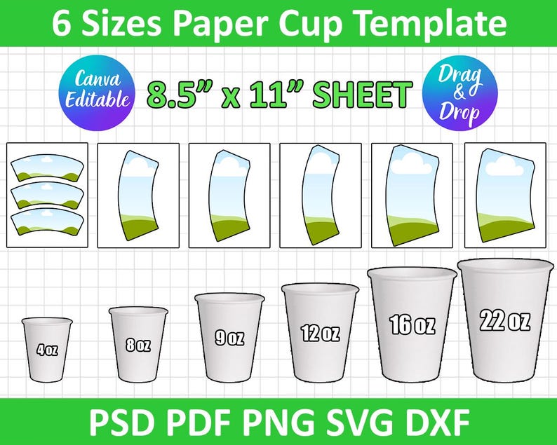 6 Sizes Paper Cup Wrapper Template Bundle, Paper Cup Wrapper, Paper ...