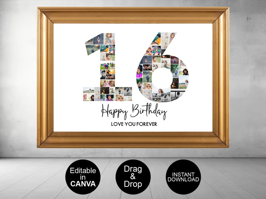 16th Birthday Photo Collage Template, Number 16 Collage, 16th Collage ...