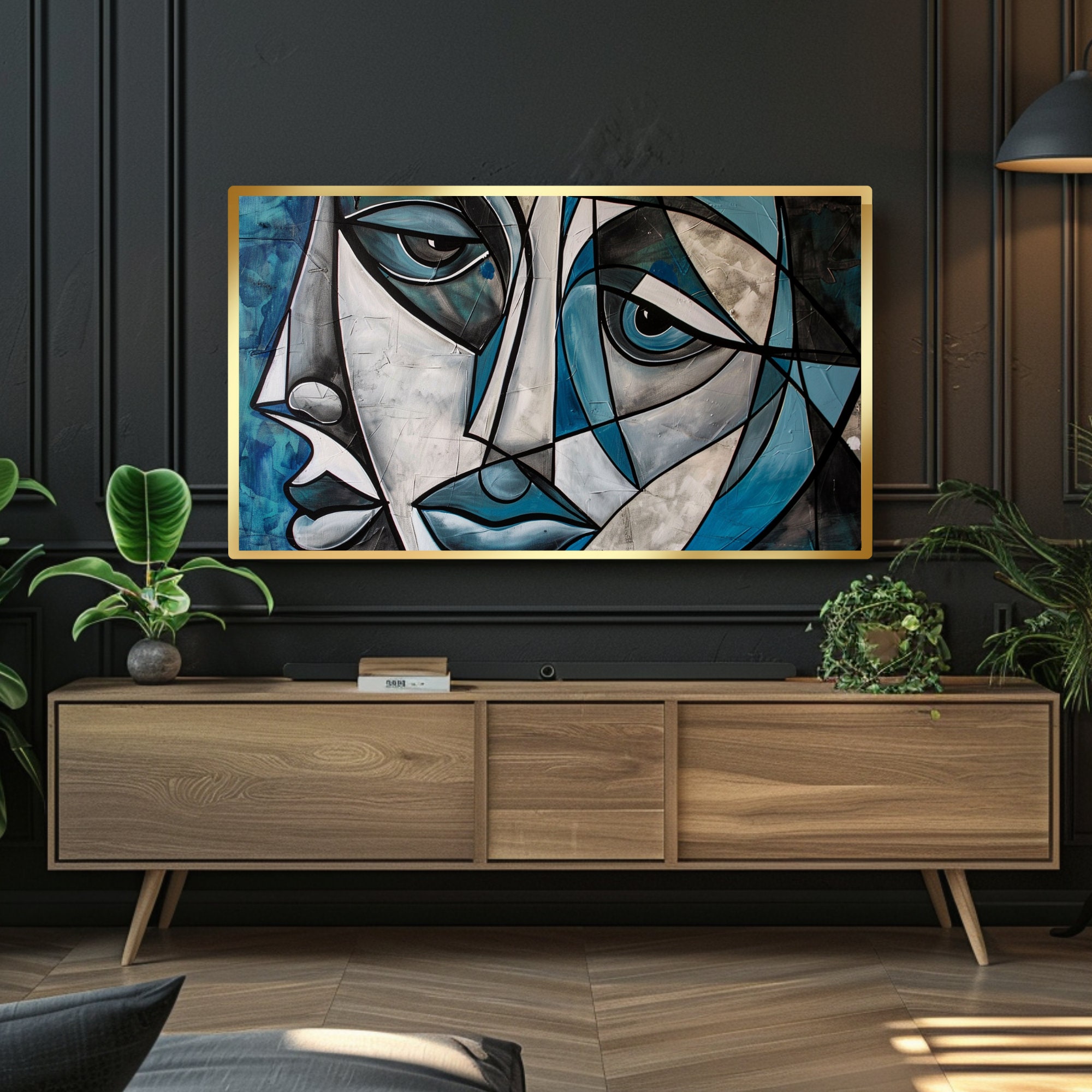 Blue and Grey Cubism Face Painting Frame TV Art Abstract Surrealism ...