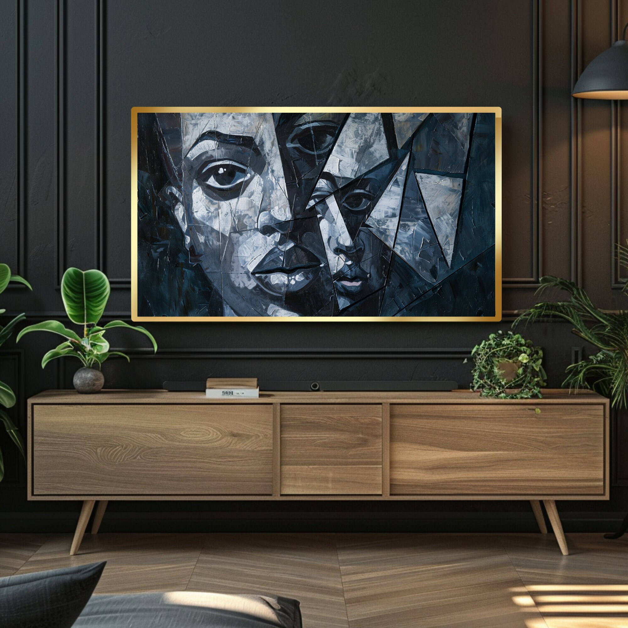 Blue and Grey Cubism Face Painting | Frame TV Art | Abstract Surrealism ...