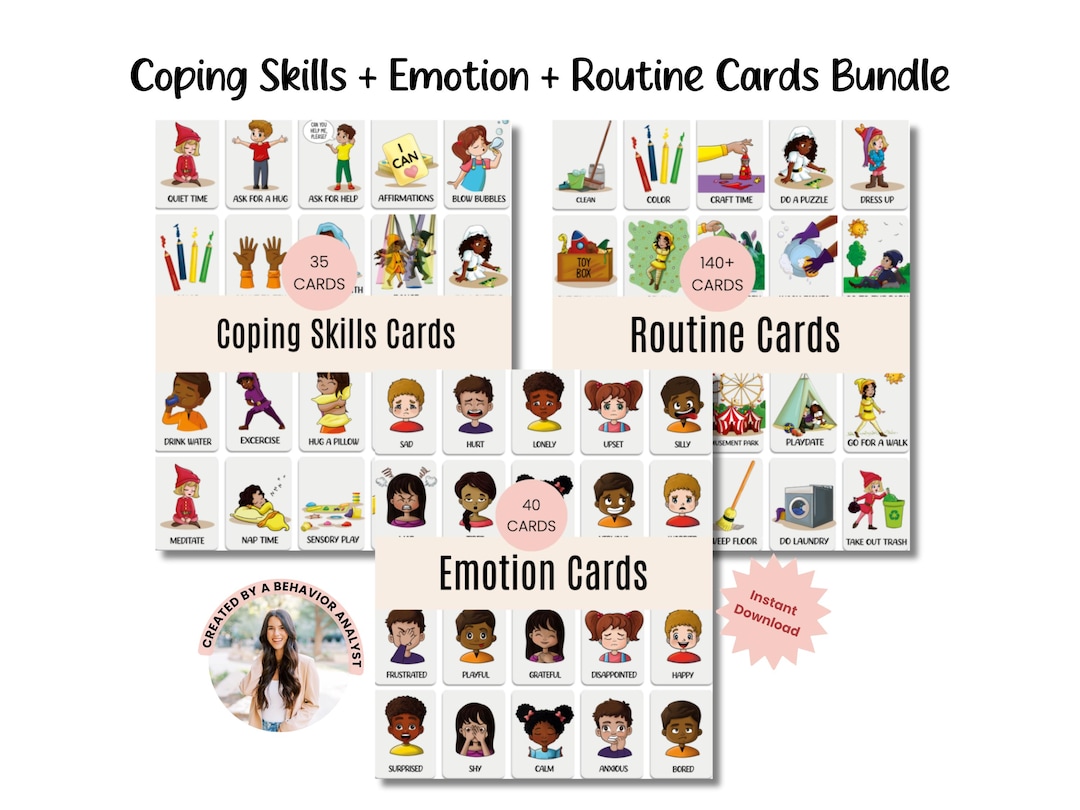 Coping Skills Cards, Emotion Cards, Routine Cards Bundle Set of 3 for ...