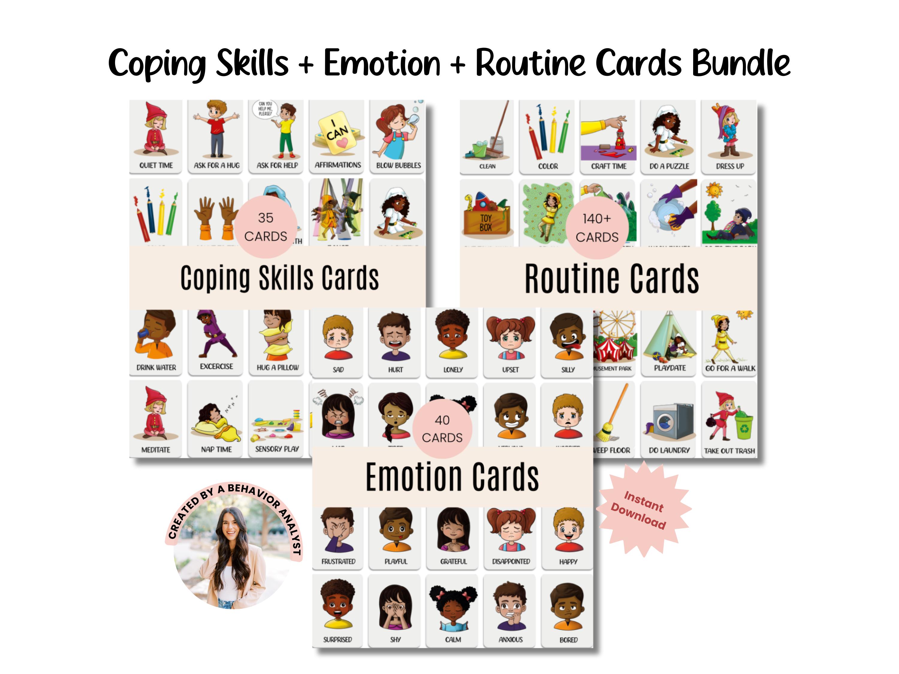 Coping Skills Cards, Emotion Cards, Routine Cards Bundle Set of 3 for ...