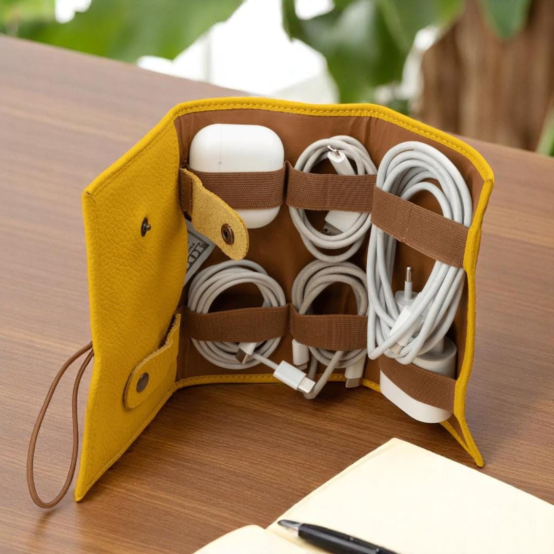 Personalized Leather Cable Organizer - Handmade Tech Bag for Travel ...