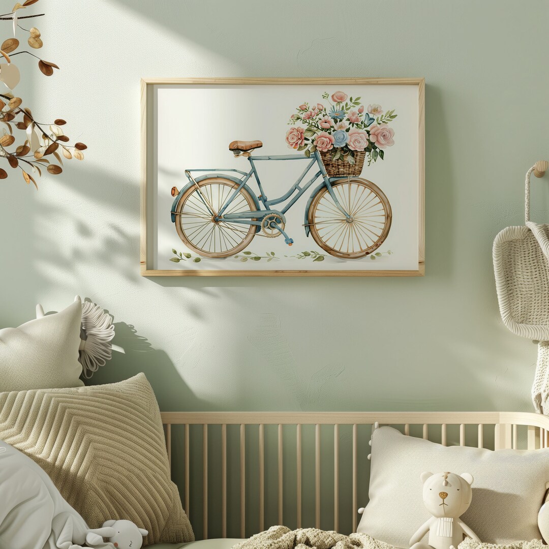 Nursery Wall Art, Watercolor Cute Vintage Bike With Flower Basket ...